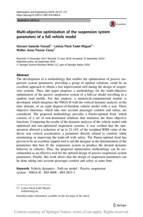 Multi Objective Optimization Of The Suspension System Parameters Of A
