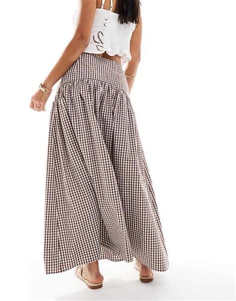 Asos Design Drop Waist Maxi Skirt In Brown Gingham Asos