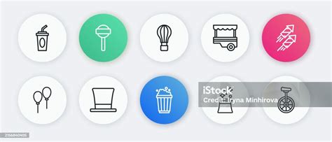 골판지 상자 불꽃 놀이 로켓 리본 풍선 마술사 모자 패스트 스트리트 푸드 카트 열기구 외발 자전거 및 실린더 아이콘에 라인 팝콘을 설정합니다 벡터 0명에 대한 스톡 벡터
