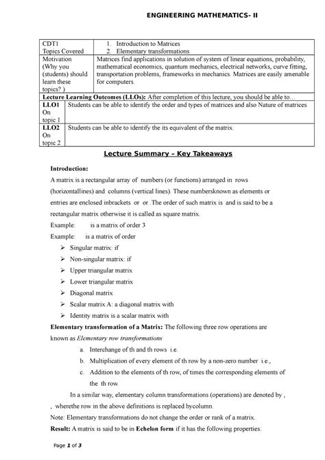 introduction to matrices engineering mathematics ii cdt topics