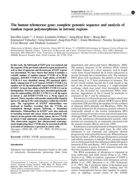 Pdf The Human Telomerase Gene Complete Genomic Sequence And Analysis