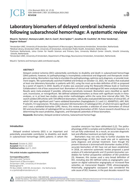 Pdf Laboratory Biomarkers Of Delayed Cerebral Ischemia Following Subarachnoid Hemorrhage A