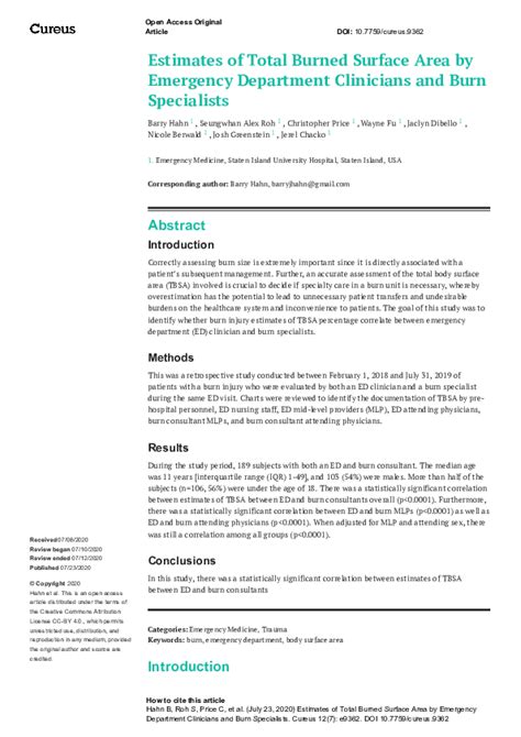 Pdf Estimates Of Total Burned Surface Area By Emergency Department Clinicians And Burn Specialists