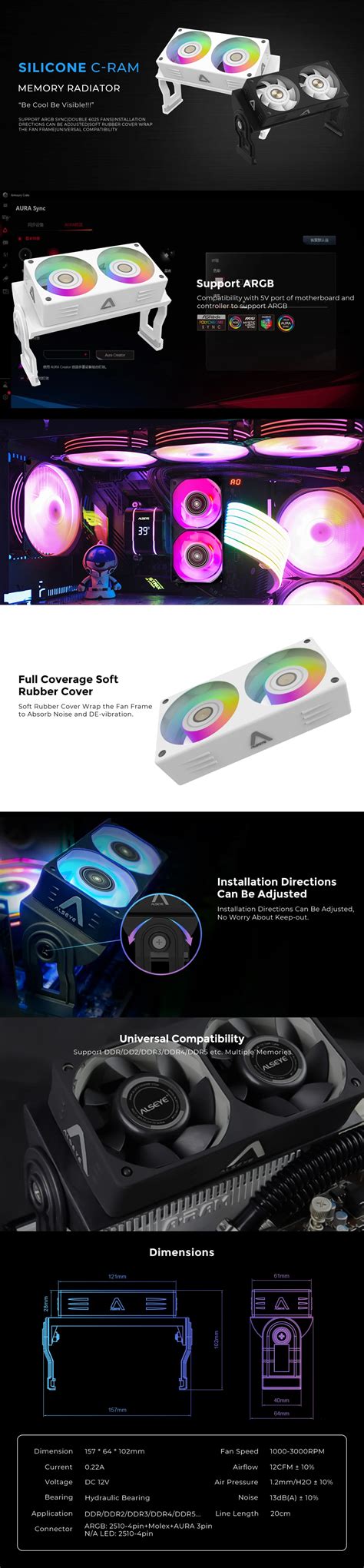 Alseye Computer Memory Cooling Fan Ram Cooler Heatsink