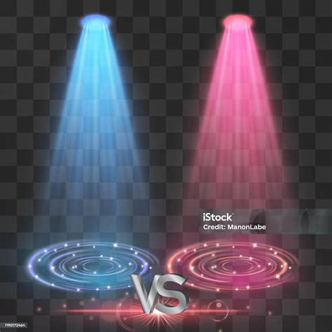 파란색과 빨간색 대 조명 프로젝터 빔 설정 투명 한 배경에 격리 빛나는 단계 장면 의 Soffits 주의 초점을 표시합니다 경쟁 싸움 대결 배너 포스터에 대한 성능 0명에