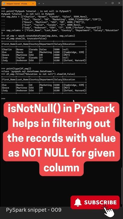 Pyspark Is Not Null 009 Pyspark Isnotnull Isnull Learnpyspark Youtube
