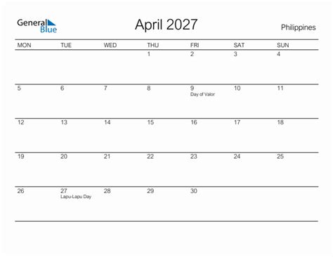 Printable April 2027 Monthly Calendar With Holidays For Philippines