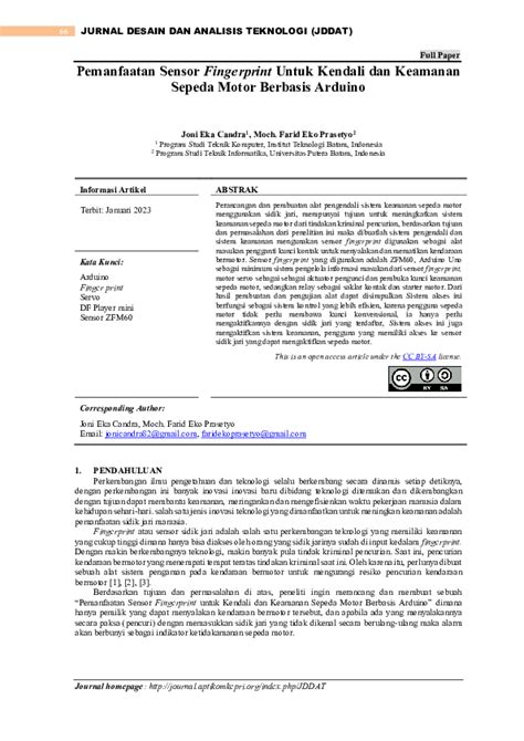 Pdf Pemanfaatan Sensor Fingerprint Untuk Kendali Dan Keamanan Sepeda Motor Berbasis Arduino