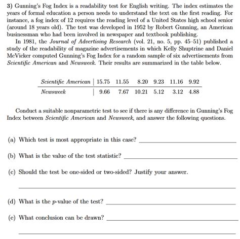 Solved 3 Gunning S Fog Index Is A Readability Test For