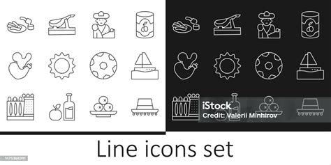 세트 라인 스페인 모자 요트 범선 투우 투우사 태양 와인 스킨 츄러스 및 초콜릿 축구 공 및 하몽 아이콘 벡터 0명에 대한 스톡 벡터 아트 및 기타 이미지 Istock