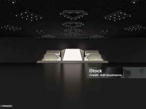 이벤트 계단을 포함한 빈 무대 정면도 프로젝션을 위한 하프 스타 형태 Led 스크린과 천장 스포트라이트 시스템이 있습니다 맞춤형 디자인 홀의 플랫폼 요소 3d 렌더링 그림