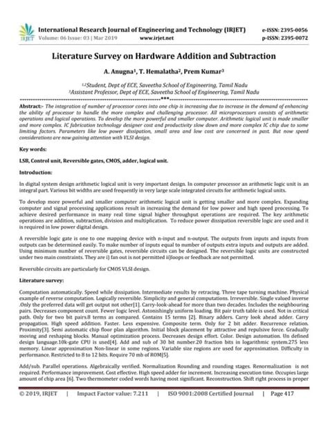 Irjet Literature Survey On Hardware Addition And Subtraction Pdf