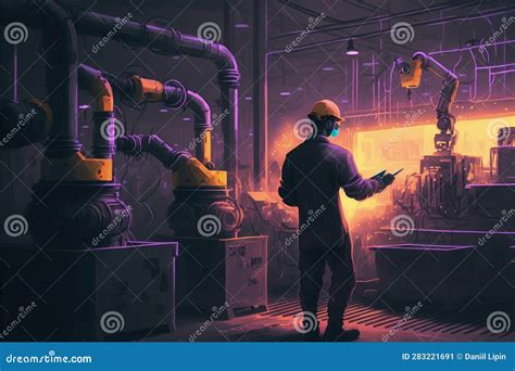 Man Controlling Robot With Wireless Device In Industrial Facility Stock