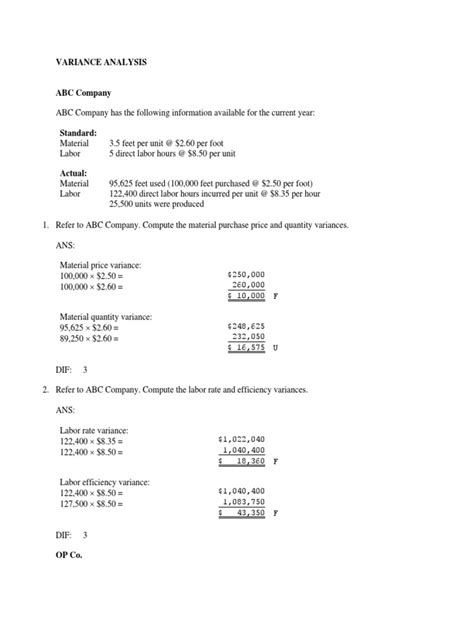 Variance Analysis Problems With Answers Pdf Variance Management