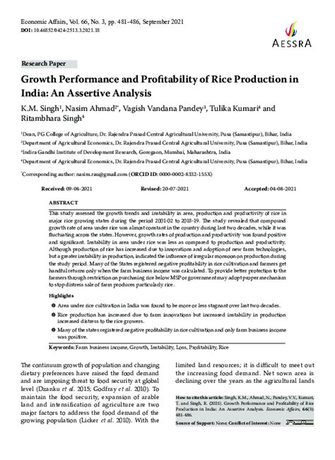 Pdf Growth Performance And Profitability Of Rice Production In India An Assertive Analysis