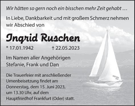 Traueranzeigen Von Ingrid Ruschen Märkische Onlinezeitung Trauerportal