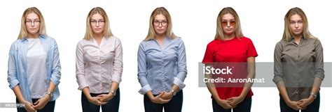 아름 다운 금발의 여 자가 젊은 얼굴에 심각한 표정으로 흰색 절연된 Backgroud 통해 콜라주 간단 하 고 카메라를 보고 자연 결심에 대한 스톡 사진 및 기타 이미지