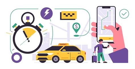 택시 주문 서비스 모바일 응용 프로그램 개념 스마트폰 디스플레이에 도시 지도에 택시를 예약하는 전화를 들고 손 도시 택시 서비스 노란색 자동차 관광 평면 벡터 일러스트 레이