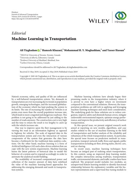 Pdf Machine Learning In Transportation