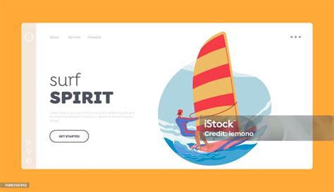 스포츠 랜딩 페이지 템플릿의 스릴을 즐기는 남자 남성 캐릭터 윈드서핑 활동 파도 위를 미끄러지듯 물에 대한 스톡 벡터 아트 및 기타 이미지 Istock