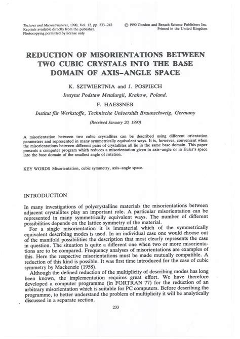 Pdf Reduction Of Misorientations Between Two Cubic Crystals Into The