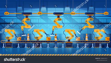 Efficient Smart Factory Workers Robots Assembly เวกเตอร์สต็อก ปลอดค่า