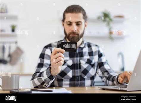 Happy Gentleman Doing Online Banking Transaction While Working Remotely Stock Photo Alamy