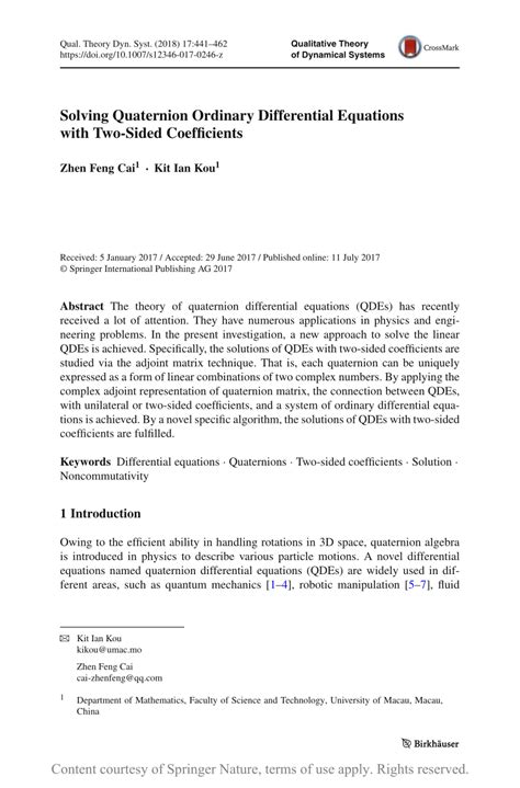 Solving Quaternion Ordinary Differential Equations With Two Sided Coefficients Request Pdf