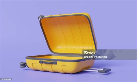 보라색 배경에 노란색 여행 가방을 엽니다 빈 여행 수하물 휴가 가방 여행 계획 세계 여행 여행 장비 및 수하물 여행 및 관광 개념입니다 3d 렌더링 그림 여행 가방에 대한