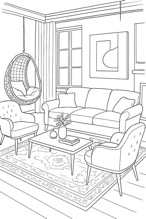 Cozy Living Room Line Drawing For Coloring Book Pages Playground