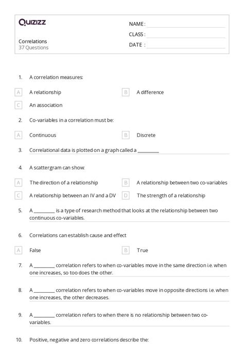50 Correlation And Coefficients Worksheets For 11th Year On Quizizz Free And Printable