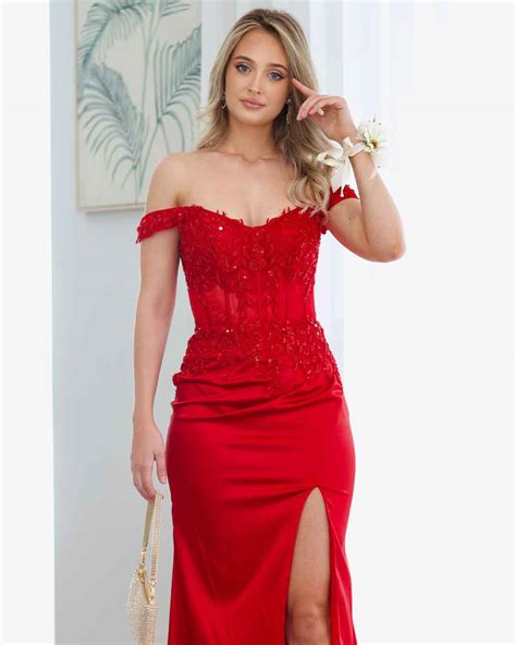 Lorel Beaded Lace Corset Gown Red Miss Runway Boutique