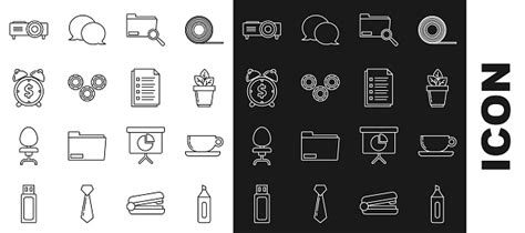 세트 라인 마커 펜 커피 컵 플랫 냄비에 꽃 폴더와 검색 개념 기어 알람 시계 달러 기호 프리젠 테이션 영화 영화 미디어 프로젝터 및 파일 문서 아이콘 벡터 0명에 대한