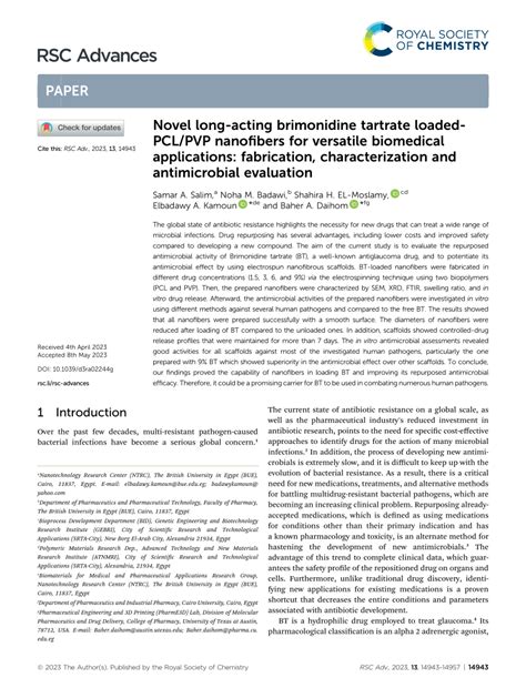 Pdf Novel Long Acting Brimonidine Tartrate Loaded Pclpvp Nanofibers For Versatile Biomedical