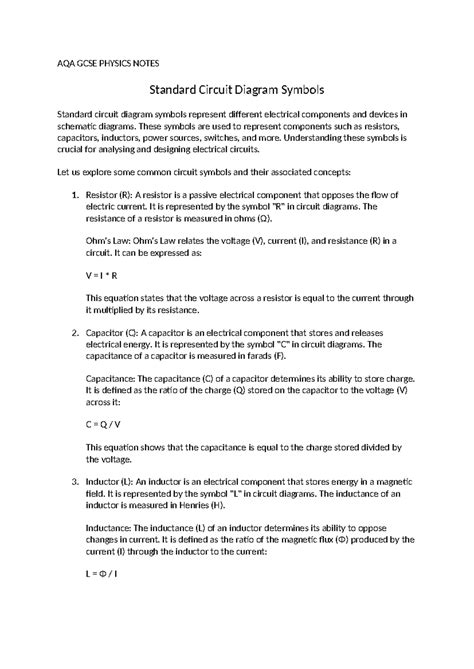 Standard Circuit Diagram Symbols GCSE Physics AQA AQA GCSE PHYSICS NOTES Standard Circuit