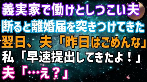 スカッとする話仕事を辞めて義実家の店で働けと言う夫私が無理だと断ると離婚届を突きつけてきた翌日旦那昨日はごめんな私早速提出したよっ旦那は修羅場 YouTube