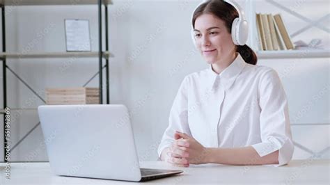 Online Interpreter Virtual Call Remote Coaching Conference Enthusiastic Woman In Headphones