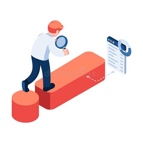 Isometric Businessman Use Magnifying Glass Analyze Exclamation Mark