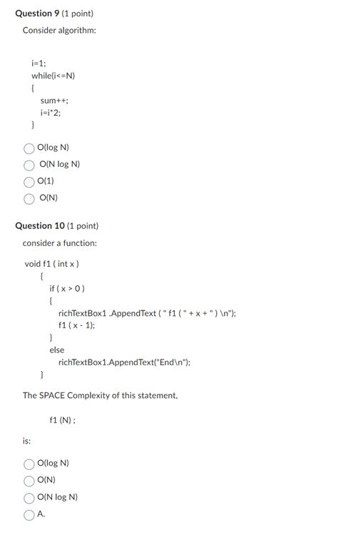 Solved Question 9 1 Point Consider Algorithm The Space