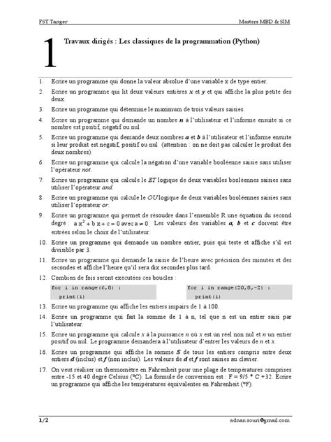 Exercices De Programmation En Python Pdf Entier Naturel Nombre