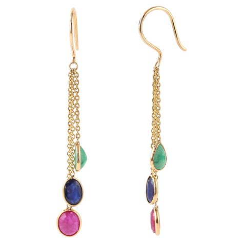 285 Carat Emerald Ruby Sapphire In 18 Karat Gold Loop Earrings For