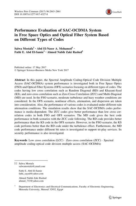 Pdf Performance Evaluation Of Sac Ocdma System In Free Space Optics