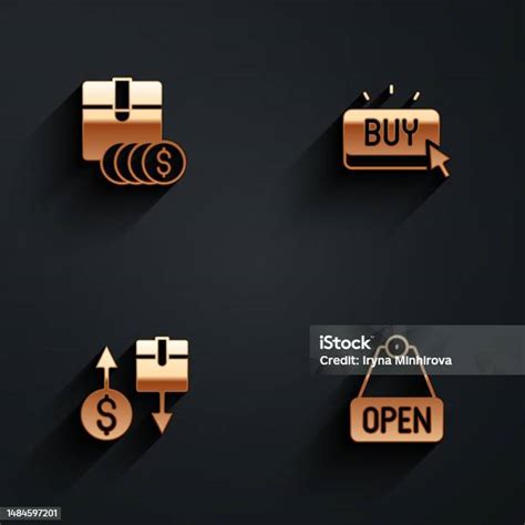 달러 구매 버튼 세금 골판지 상자 및 매달린 기호 텍스트로 항목 가격표를 긴 그림자로 엽니다 벡터 교통에 대한 스톡 벡터 아트 및 기타 이미지 Istock