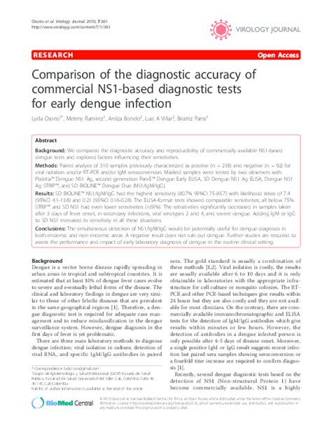 Pdf Comparison Of The Diagnostic Accuracy Of Commercial Ns1 Based Diagnostic Tests For Early