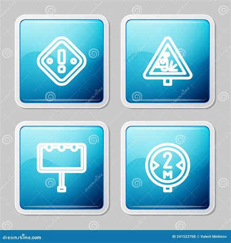 Set Line Exclamation Mark In Triangle Warning Road Sign Billboard With Lights And Road Traffic