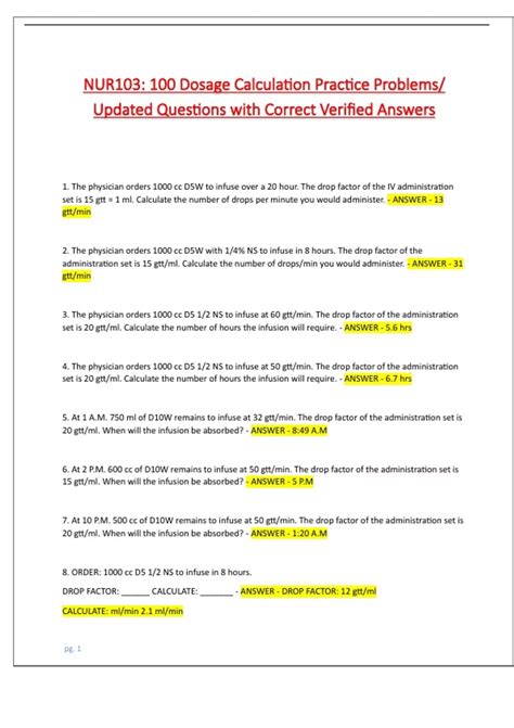 Nur103 100 Dosage Calculation Practice Problems Updated Questions