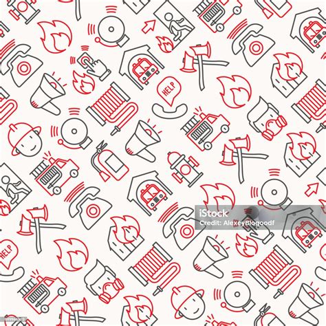 소방 관 선 아이콘으로 원활한 패턴 화재 소화기 축 호스 소화 전 현대 벡터 일러스트 레이 션 배너 웹 페이지 인쇄 미디어 관 튜브에 대한 스톡 벡터 아트 및 기타 이미지