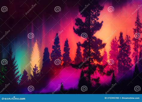 Beautiful Winter Forest At Night And Northern Lights Neural Network AI Generated Stock