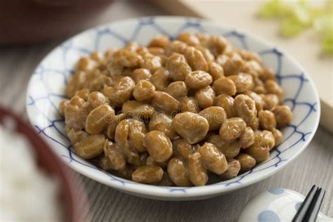 Bowl With Traditional Japanese Fermented Soybeans Called Natto Stock
