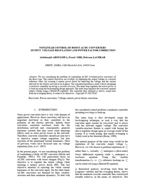 Nonlinear Control Of Boost Ac Dc Convert Pdf Control Theory